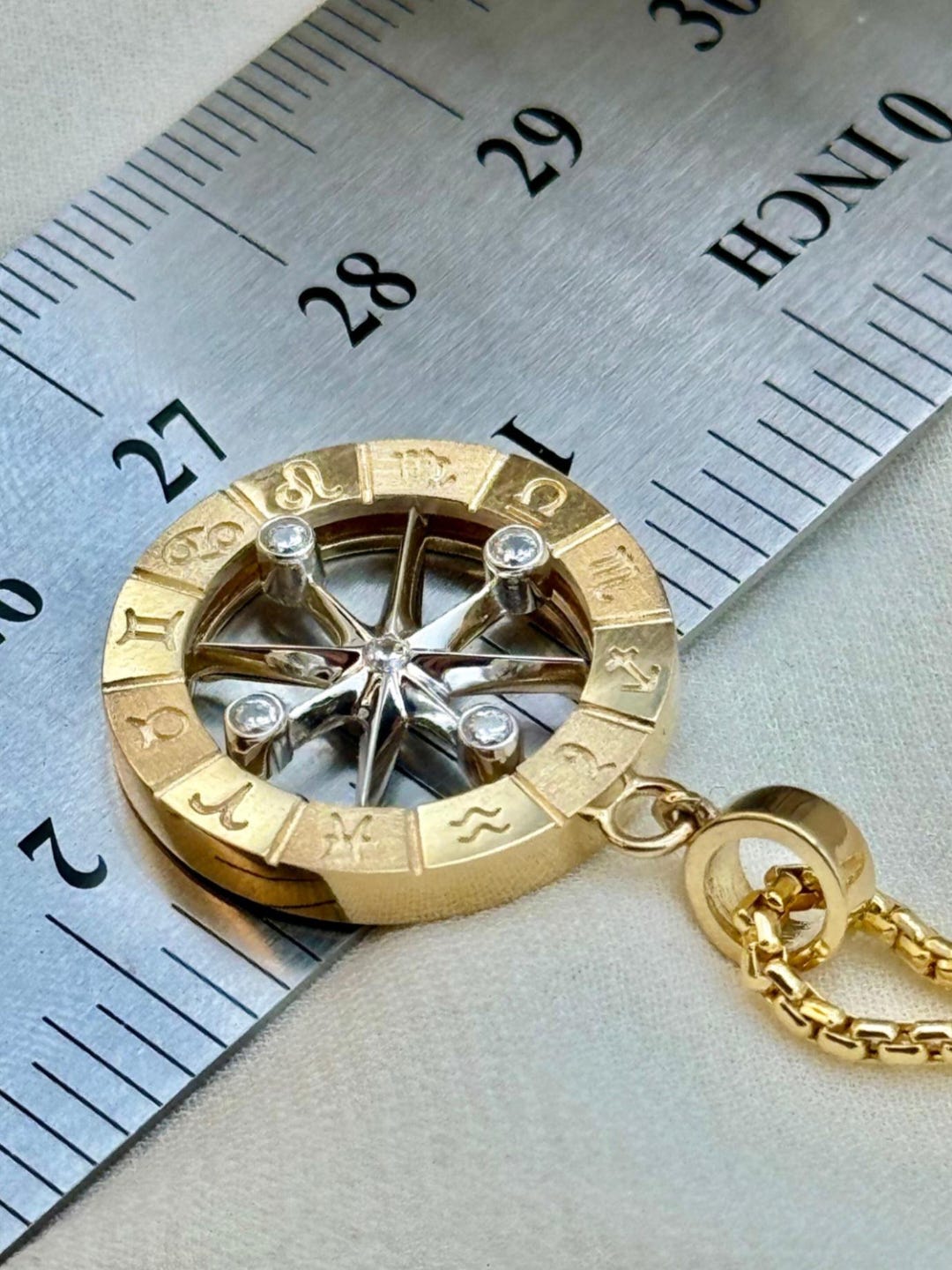 14k Gold Compass Zodiac Pendant on 18k Byzantine Chain - Etsy