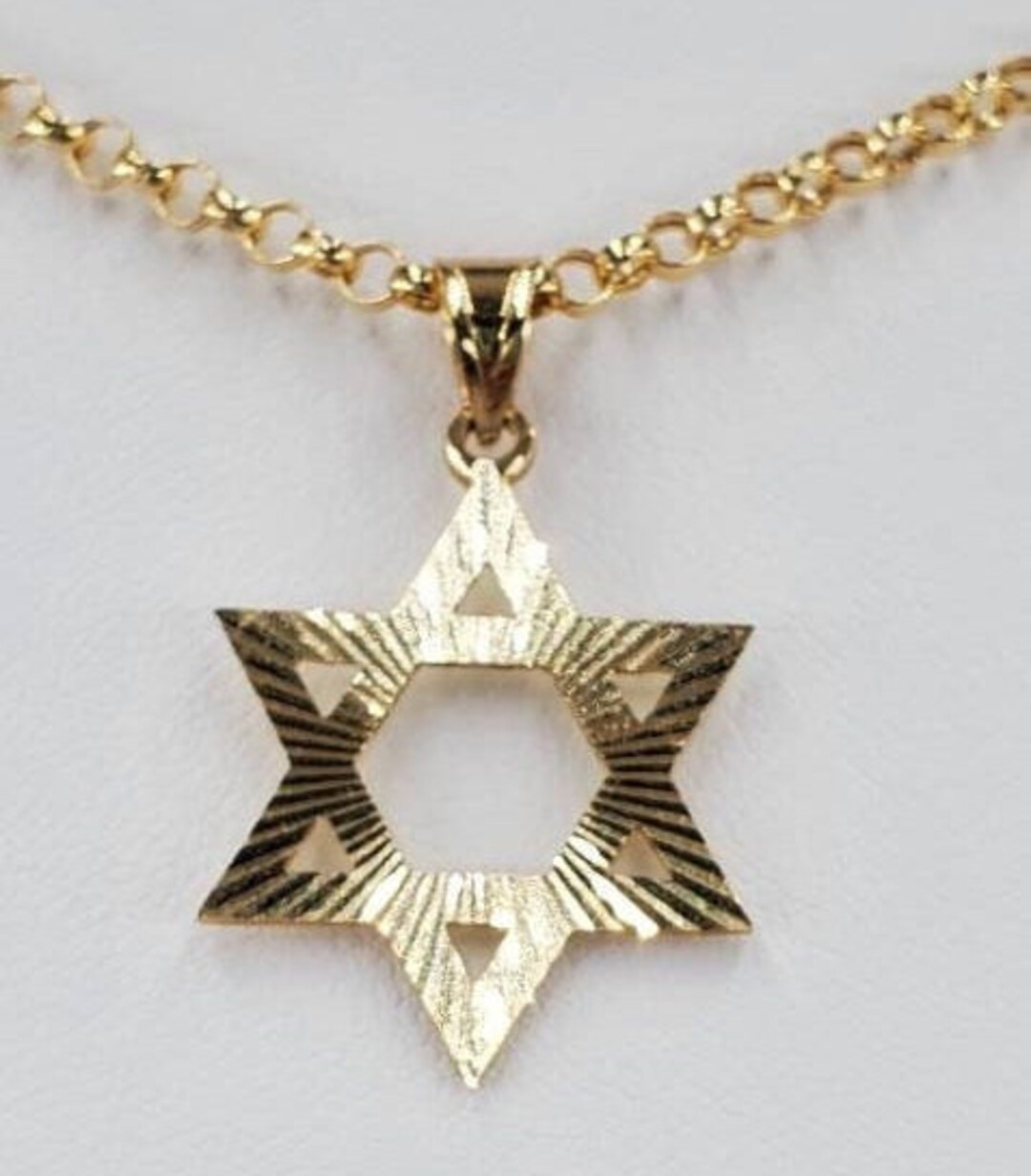 14k Solid Gold Star of David Pendant Necklace: 24-inch Round Link Chain ...