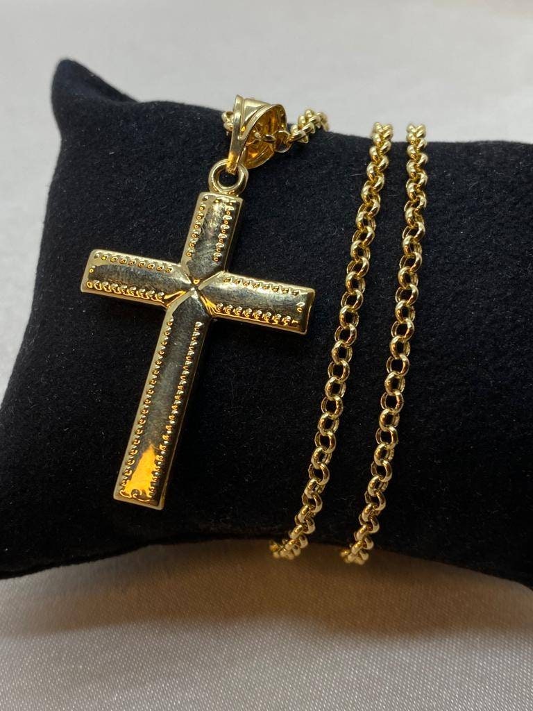 14k Solid Gold Cross Pendant on 14k Gold Rolo Chain. REAL GOLD ...