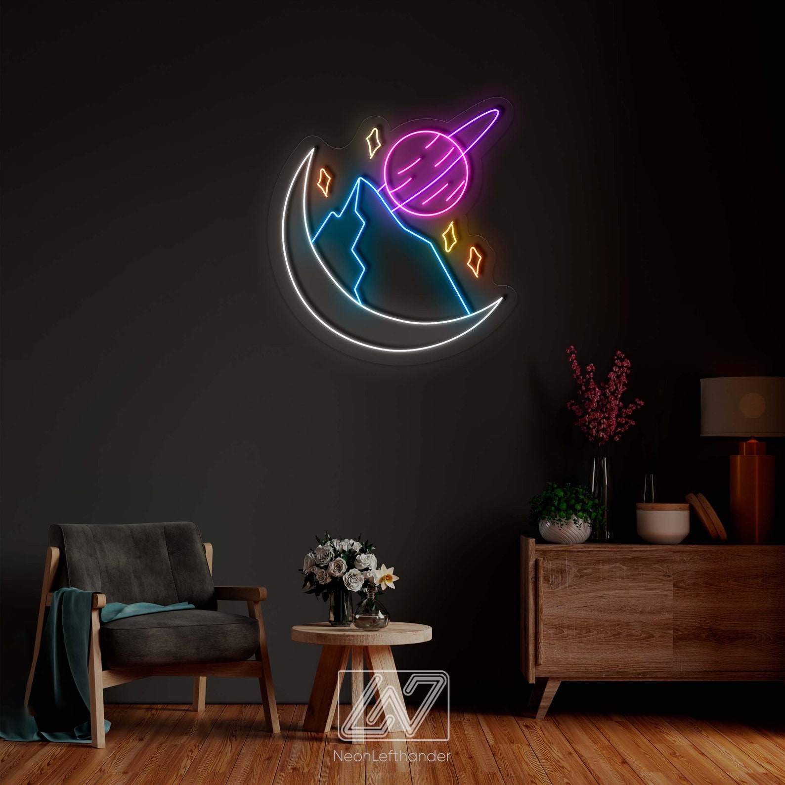 Moon With Planet - LED Neon Sign, Custom LED Neon Light,mountain Tops ...