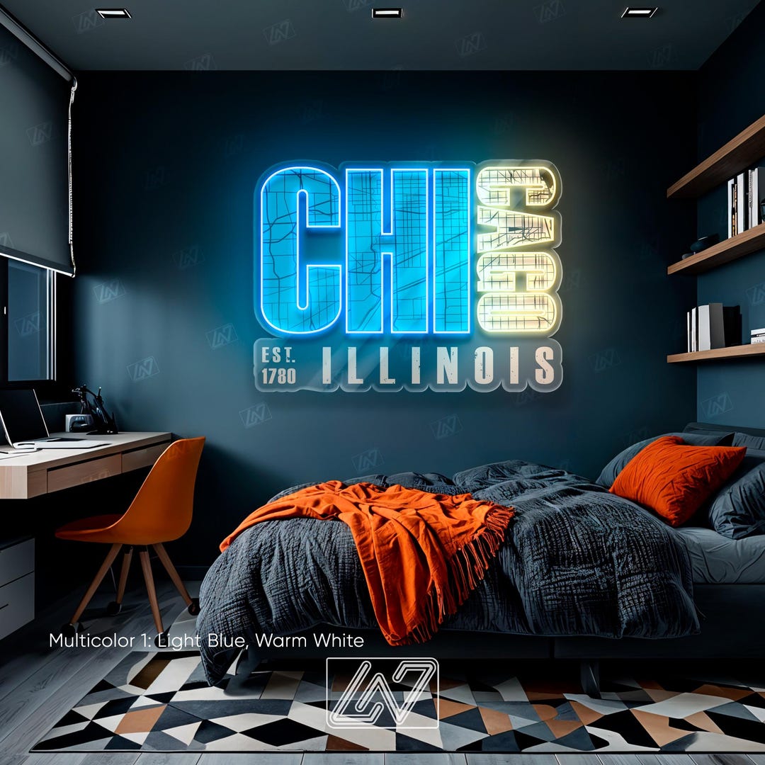 Chicago - LED Neon City Map Sign With UV Print, Illinois Map Led Sign ...