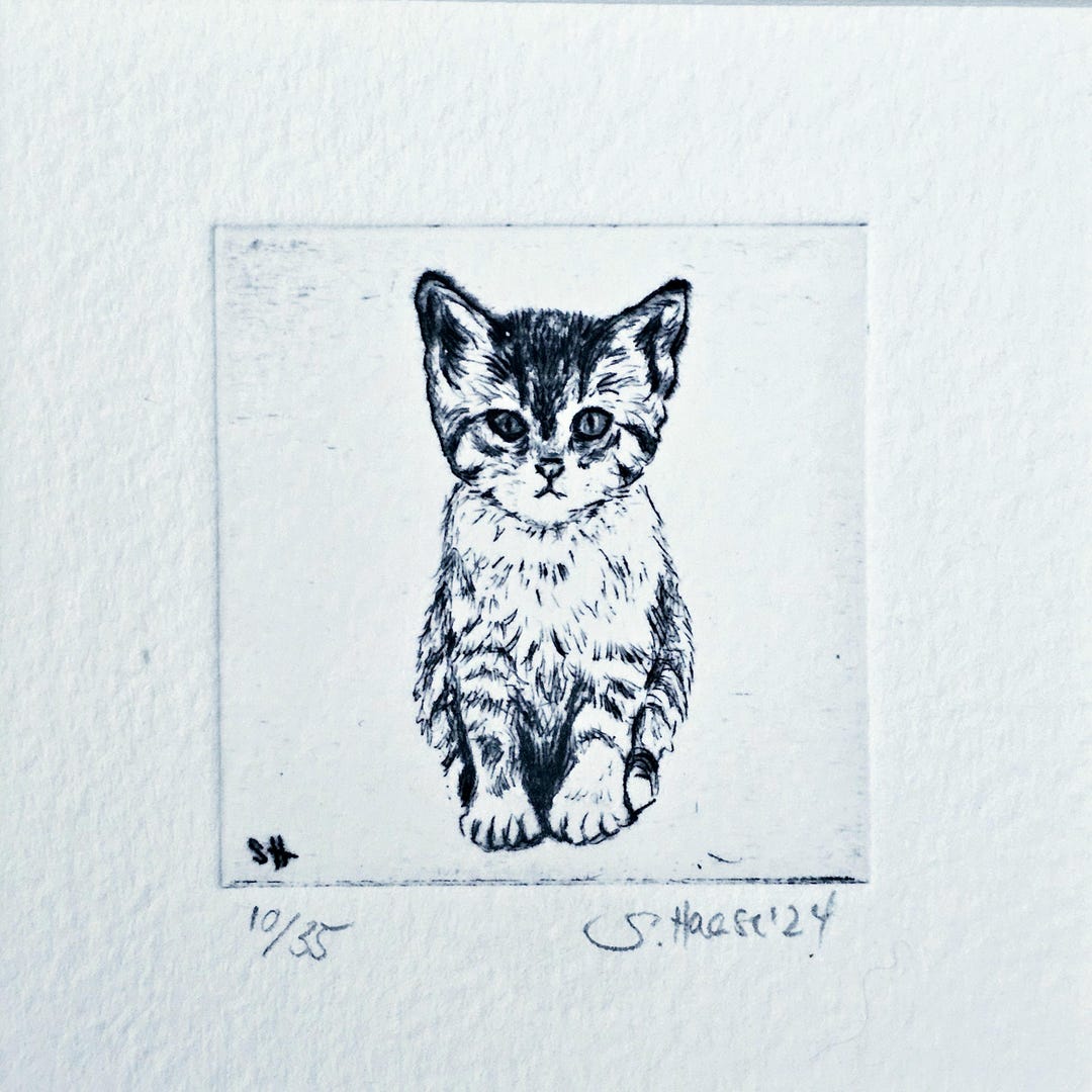 Original Etching Kitten, Baby Cat, Etching Kitten, Small Cat, Original ...