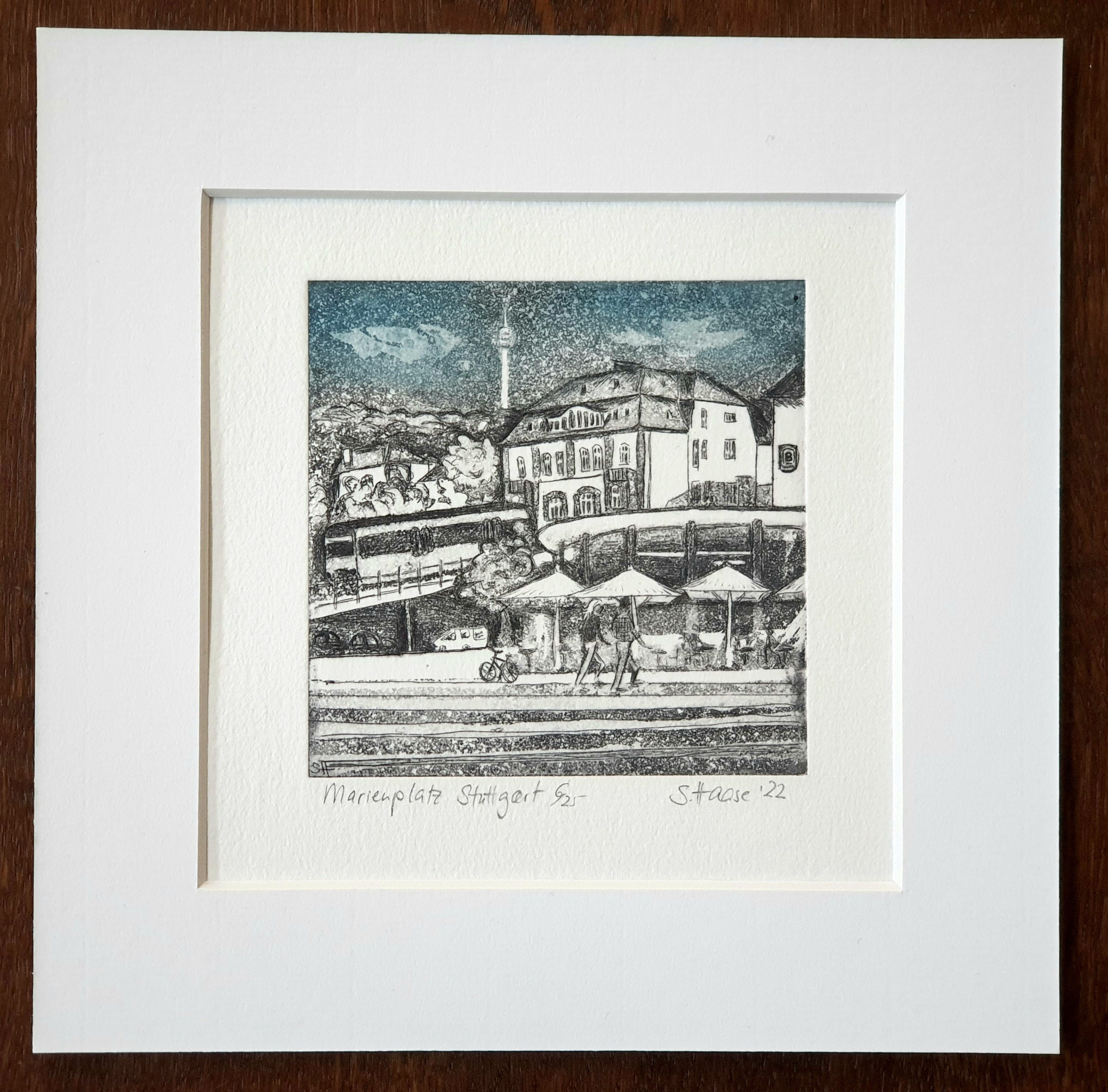 Marienplatz in Stuttgart, original etching, original etching of the Marienplatz in Stuttgart ...