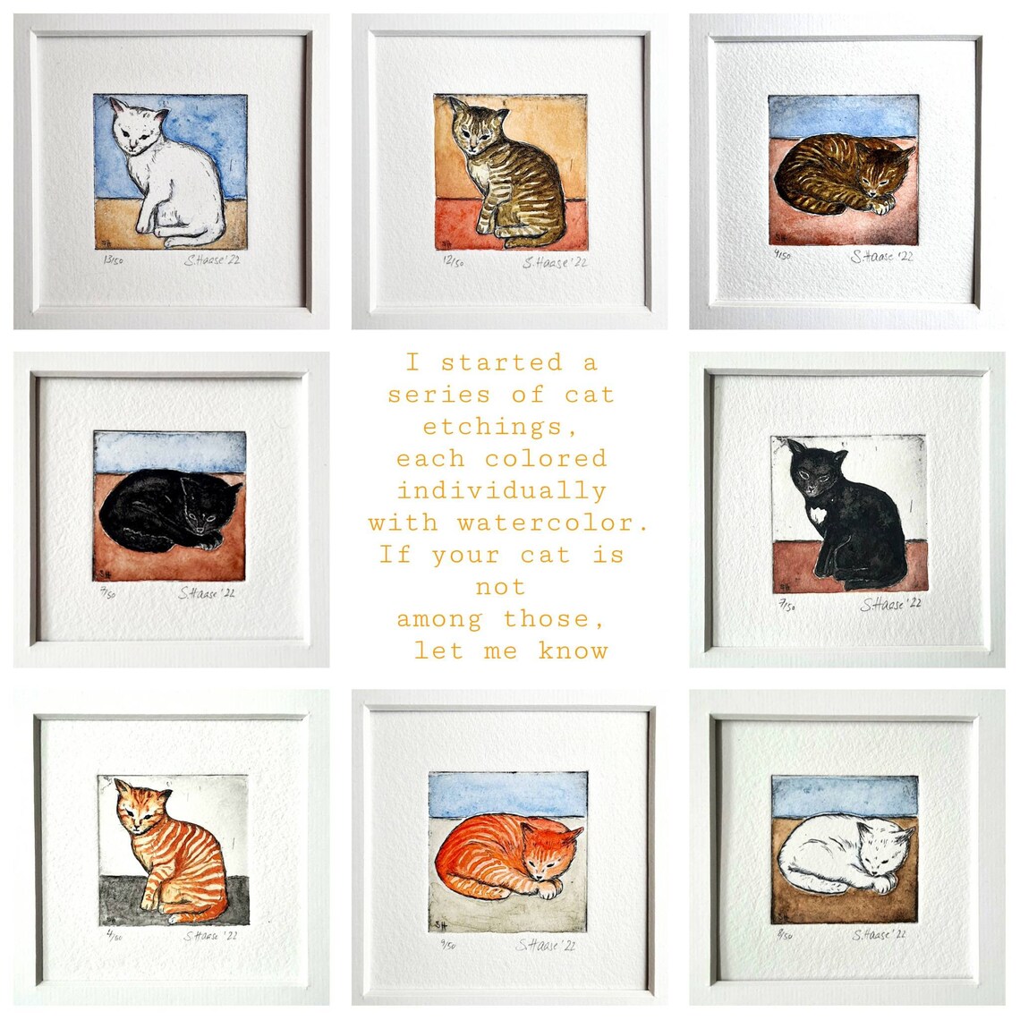 Seated Black Cat, Black Cat, Original Etching, Coloured With Passe ...