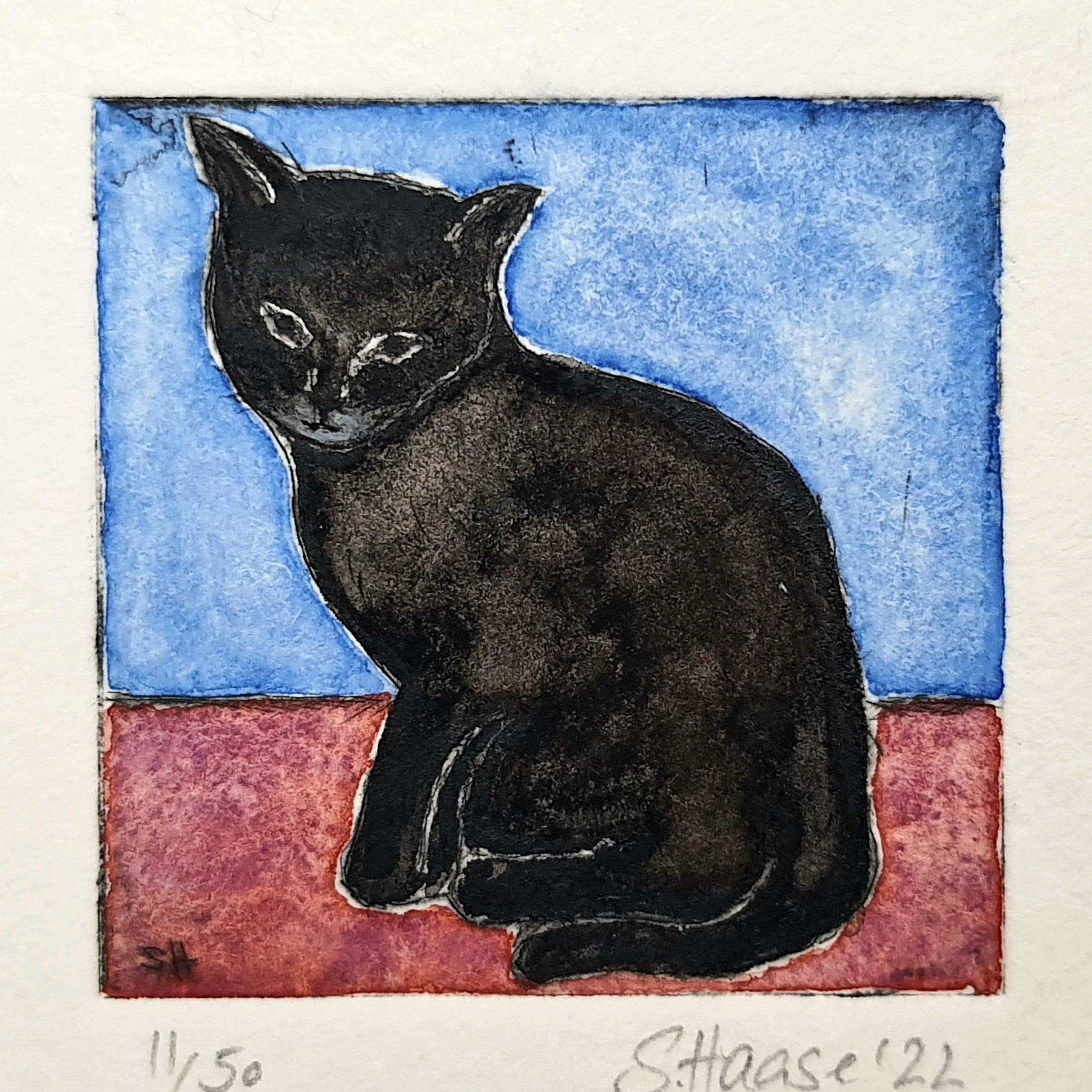 Seated Black Cat, Black Cat, Original Etching, Coloured With Passe ...