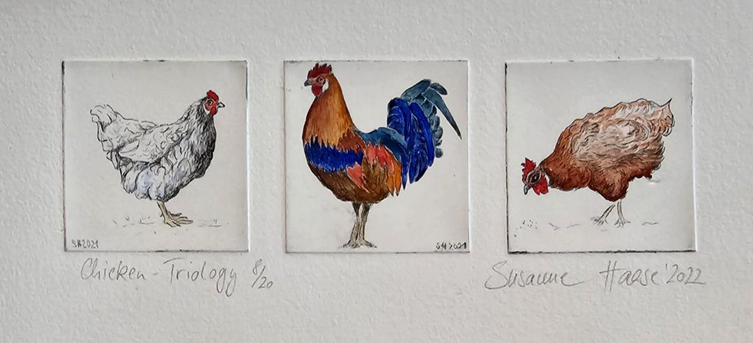 Chicken Trilogy, Hen, Hens, Rooster, Original Etching, Original Etching ...