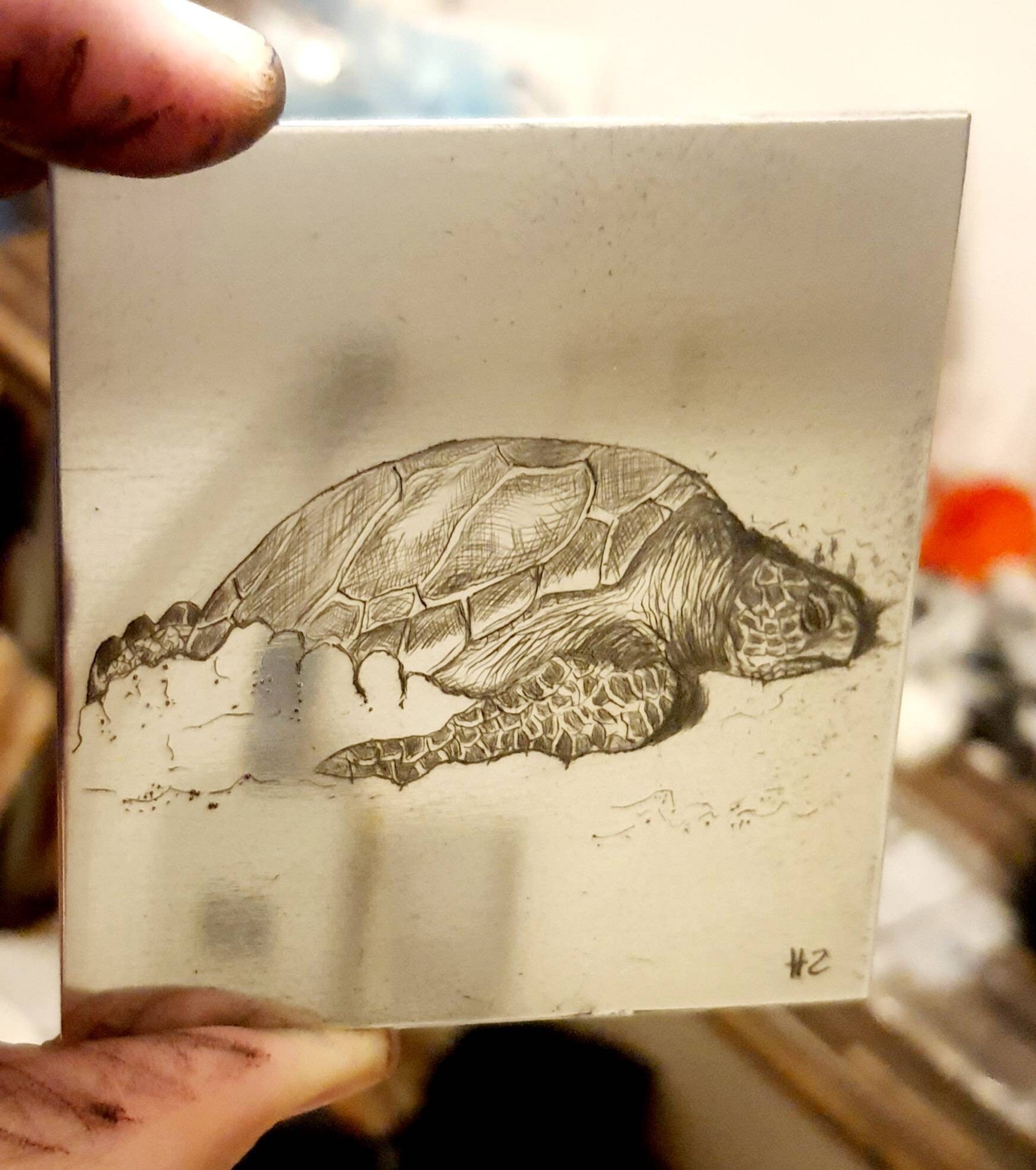 Giant sea turtle on the beach - original etching also as two-color ...