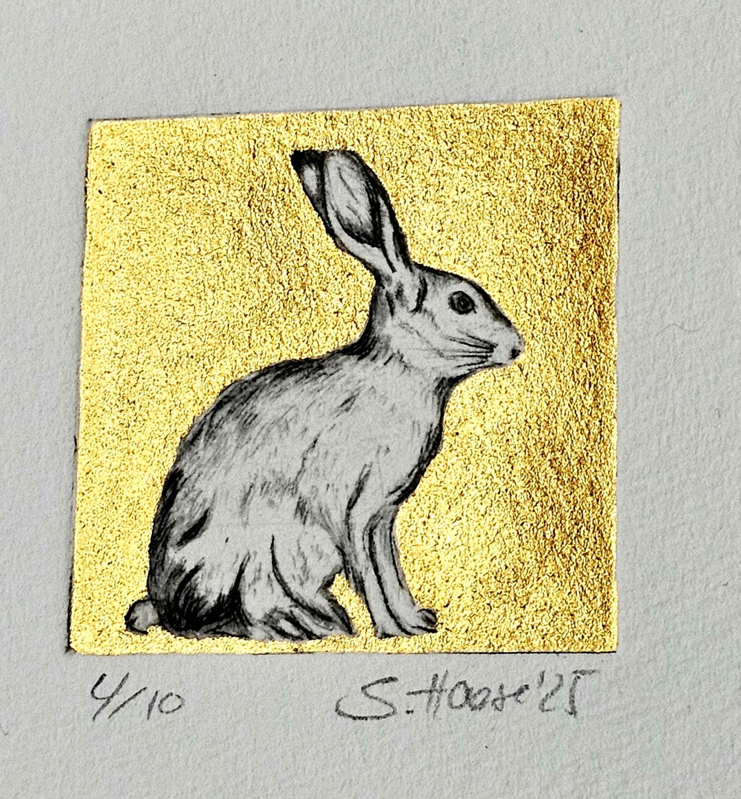 Easter Special Original Mini-etching Small Hare on Gold, Rabbit, Very ...