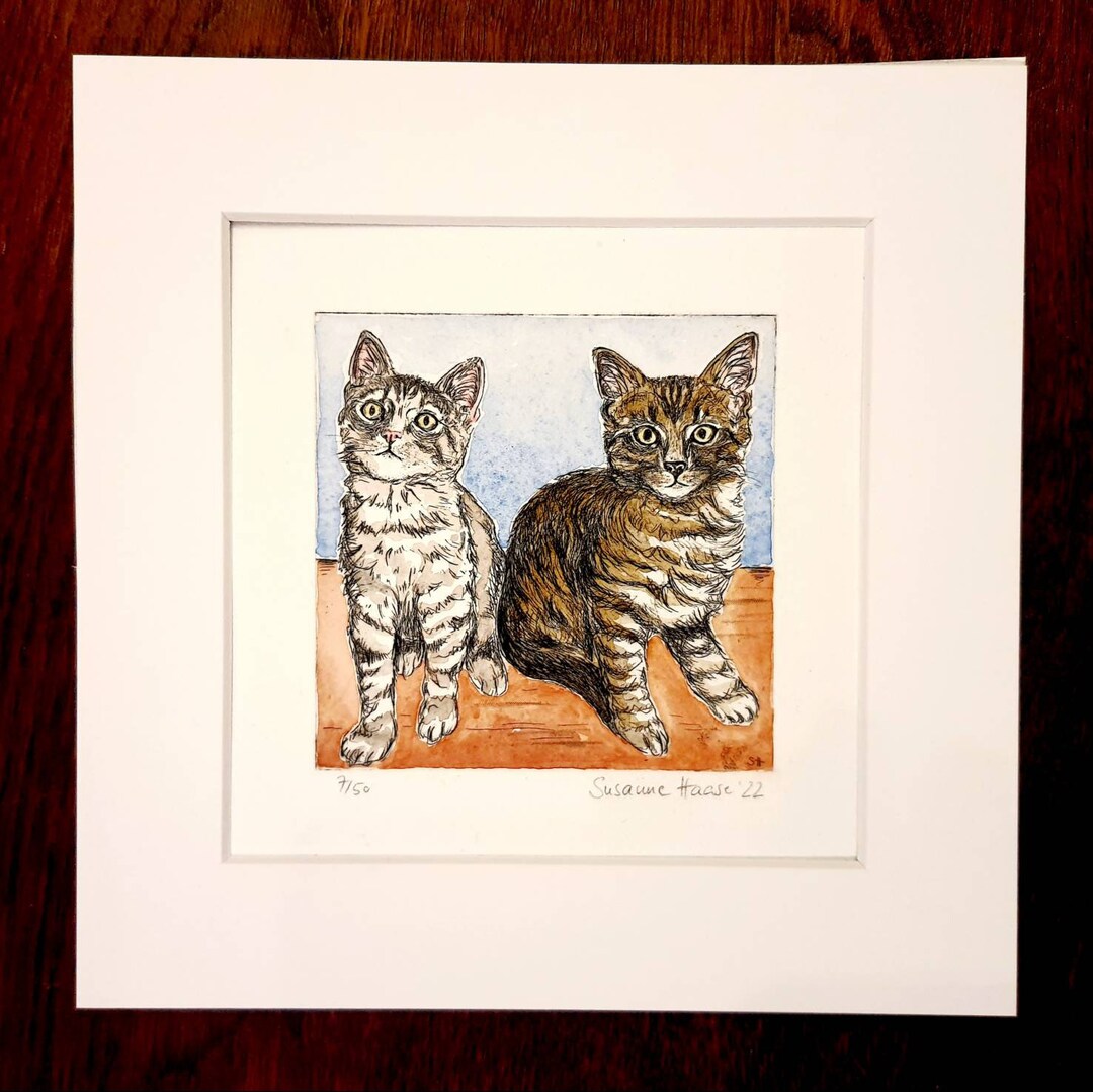 Original Etching of Second Kittens, Cats, Original Etching of Two ...