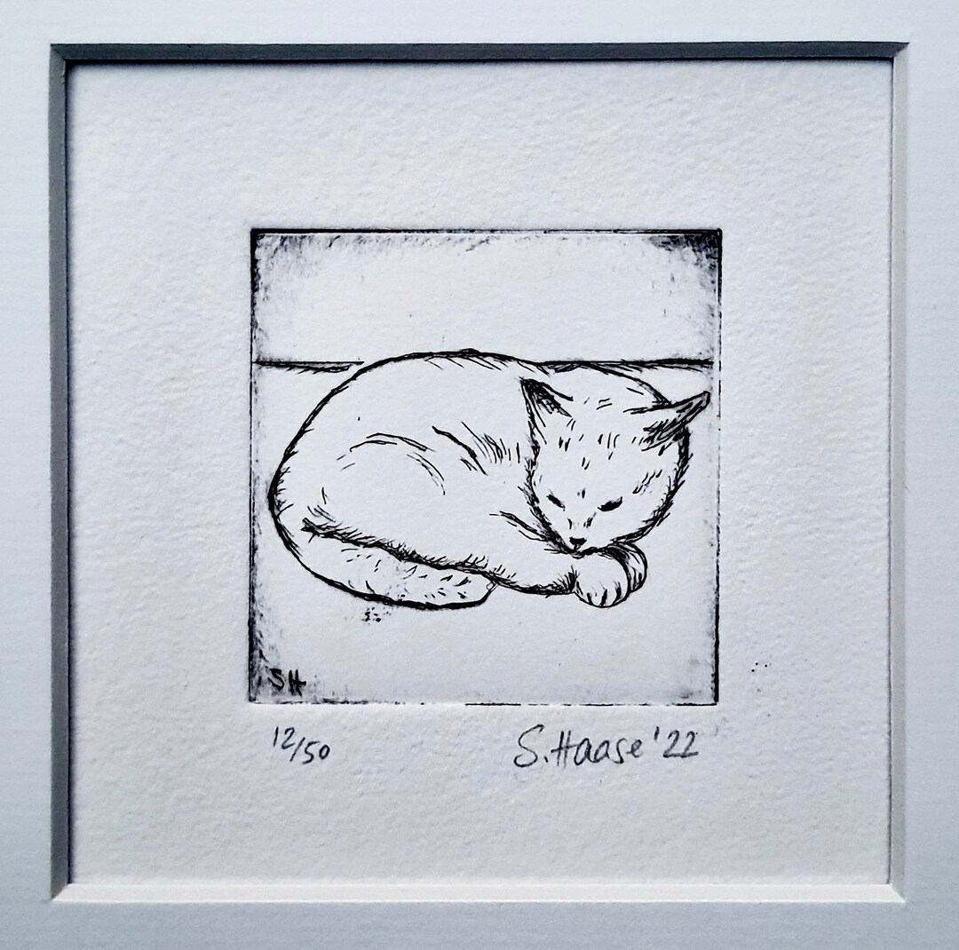Original Etching of a Lying Cat, Tomcat, Original Etching Lying Cat ...