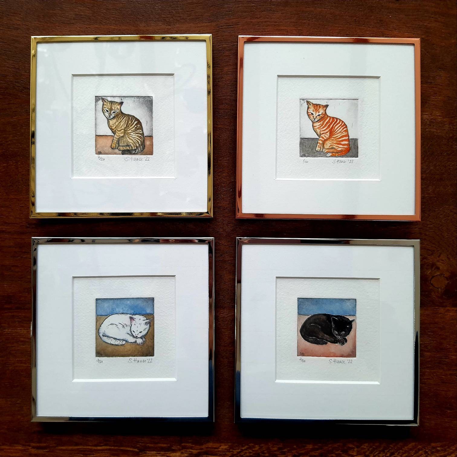 Tigged lying cat, tomcat original etching, coloured, original colored ...