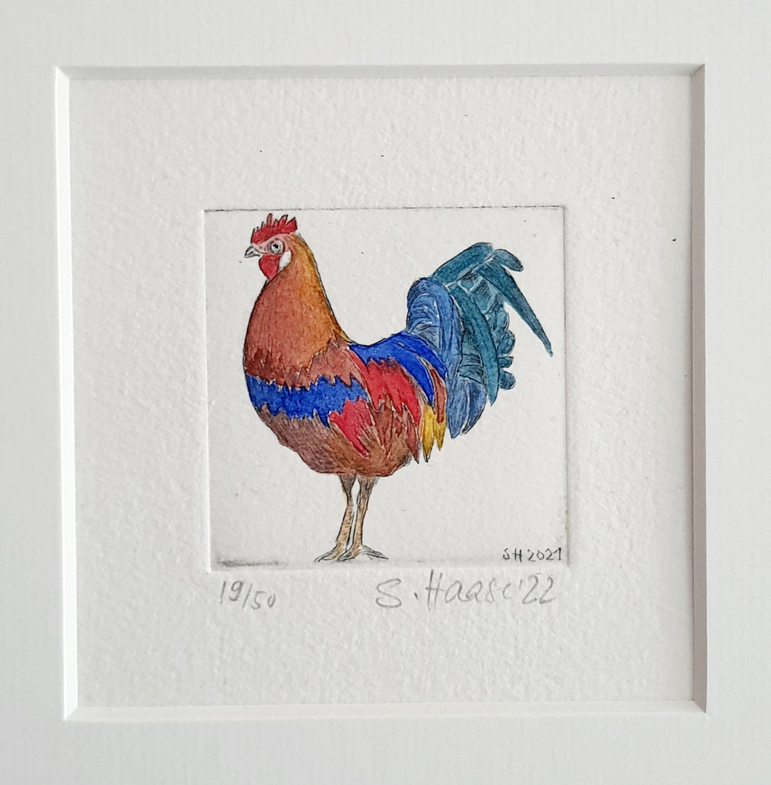 Coq fier, gravure, noir et blanc ou coloré avec passe-partout, gravure ...