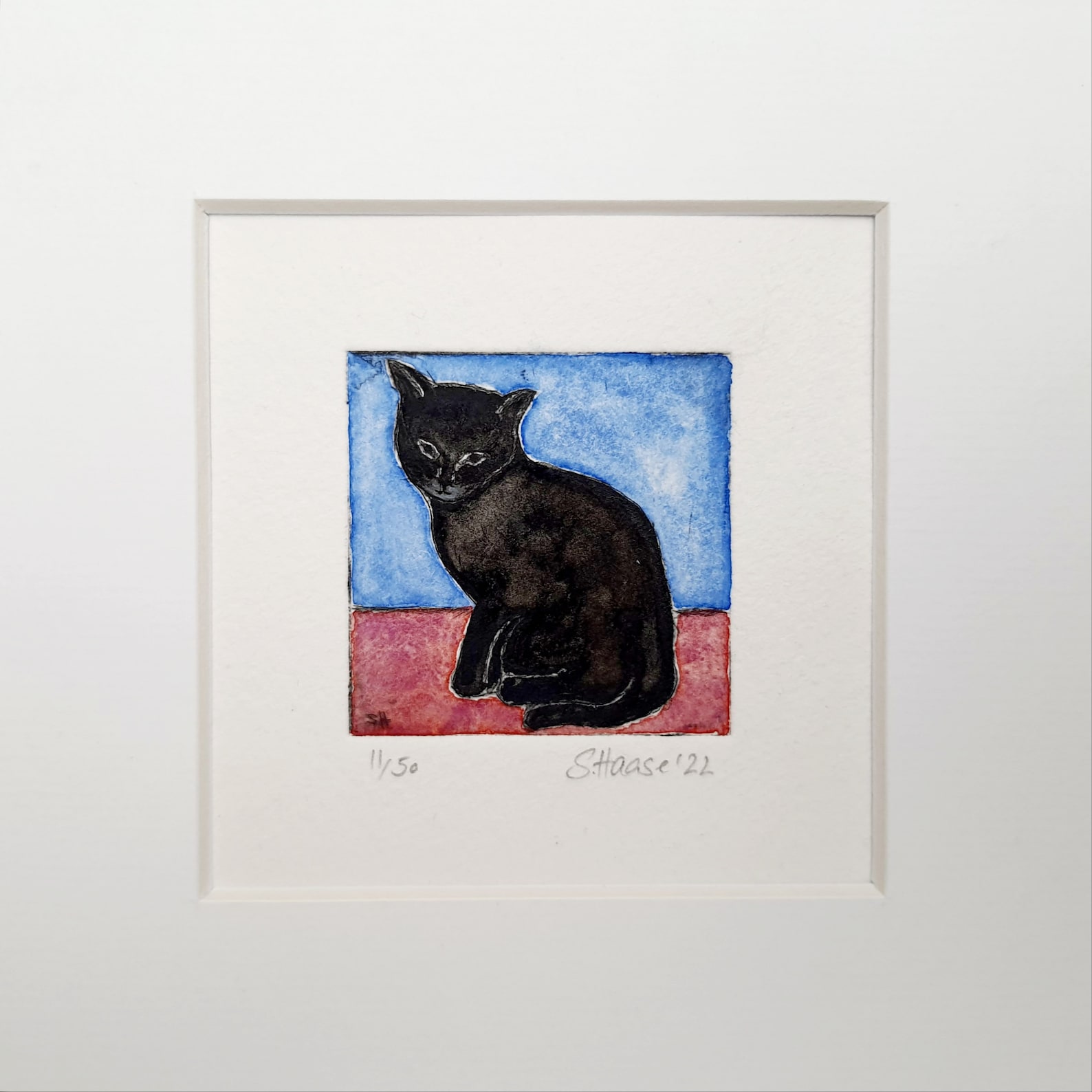 Seated Black Cat, Black Cat, Original Etching, Coloured With Passe ...