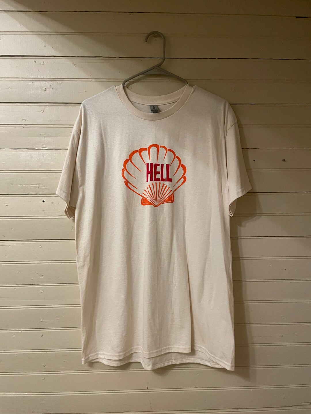 Hand Printed Shell Hell on Cream T-shirt handmade Linocut Block Print ...