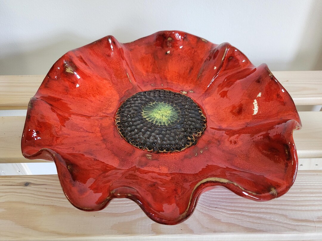 Handmade Ceramic Bright Red Poppy Plateau/ Plate/ Bowl, Flower Bowl ...