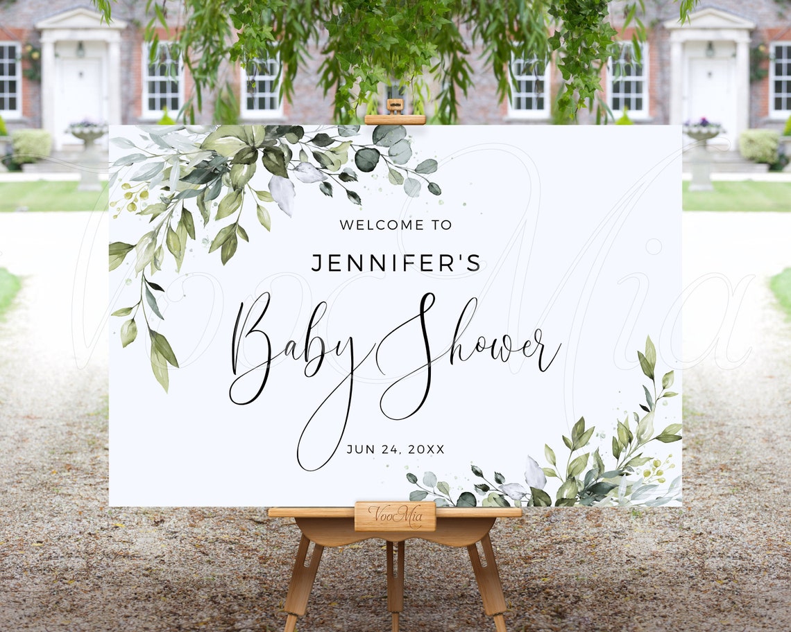 Greenery Baby Shower Welcome Sign, Editable Baby Shower Welcome Sign ...