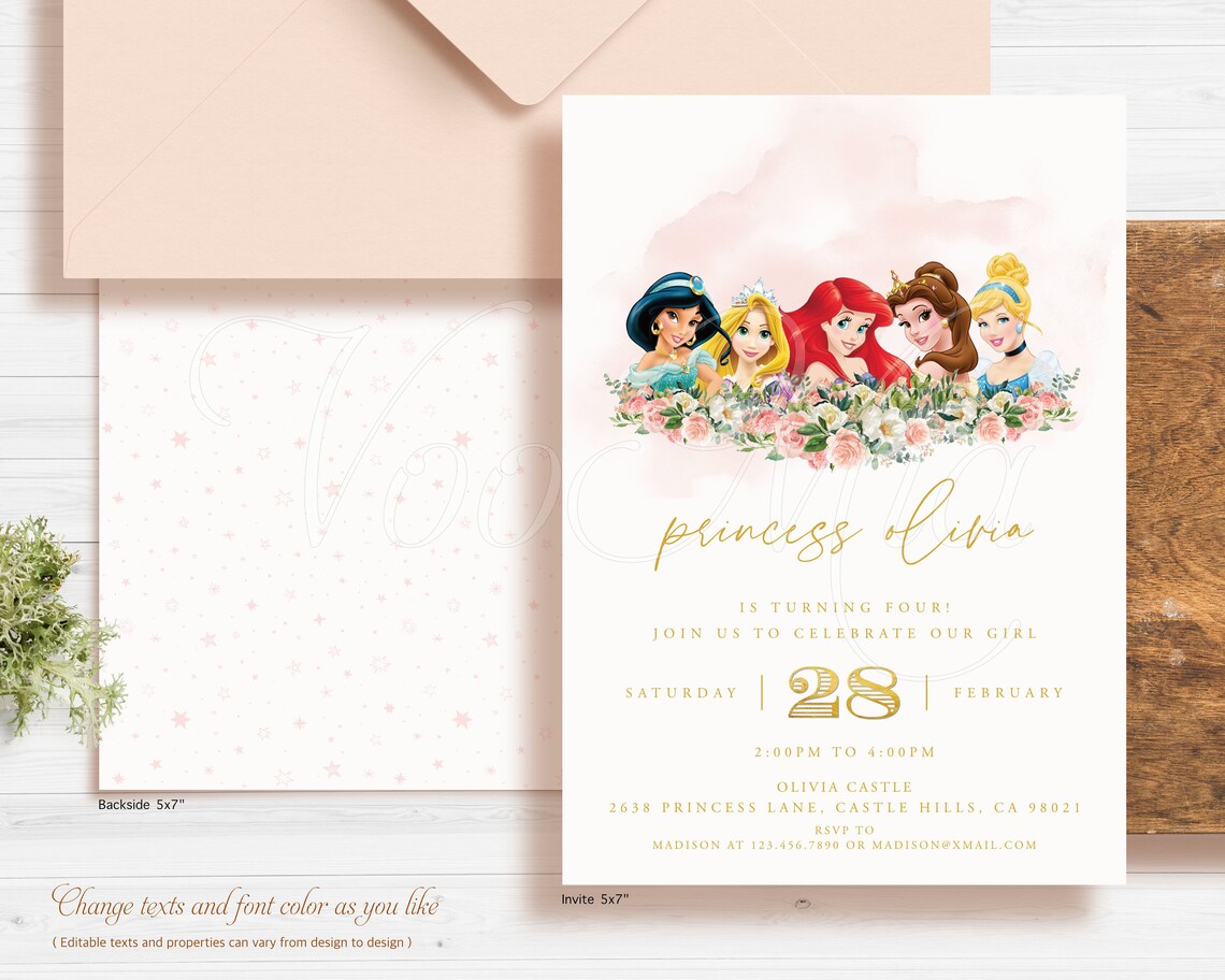 Princess Birthday Invitation Princesses Editable Gold Pink Party Invite ...