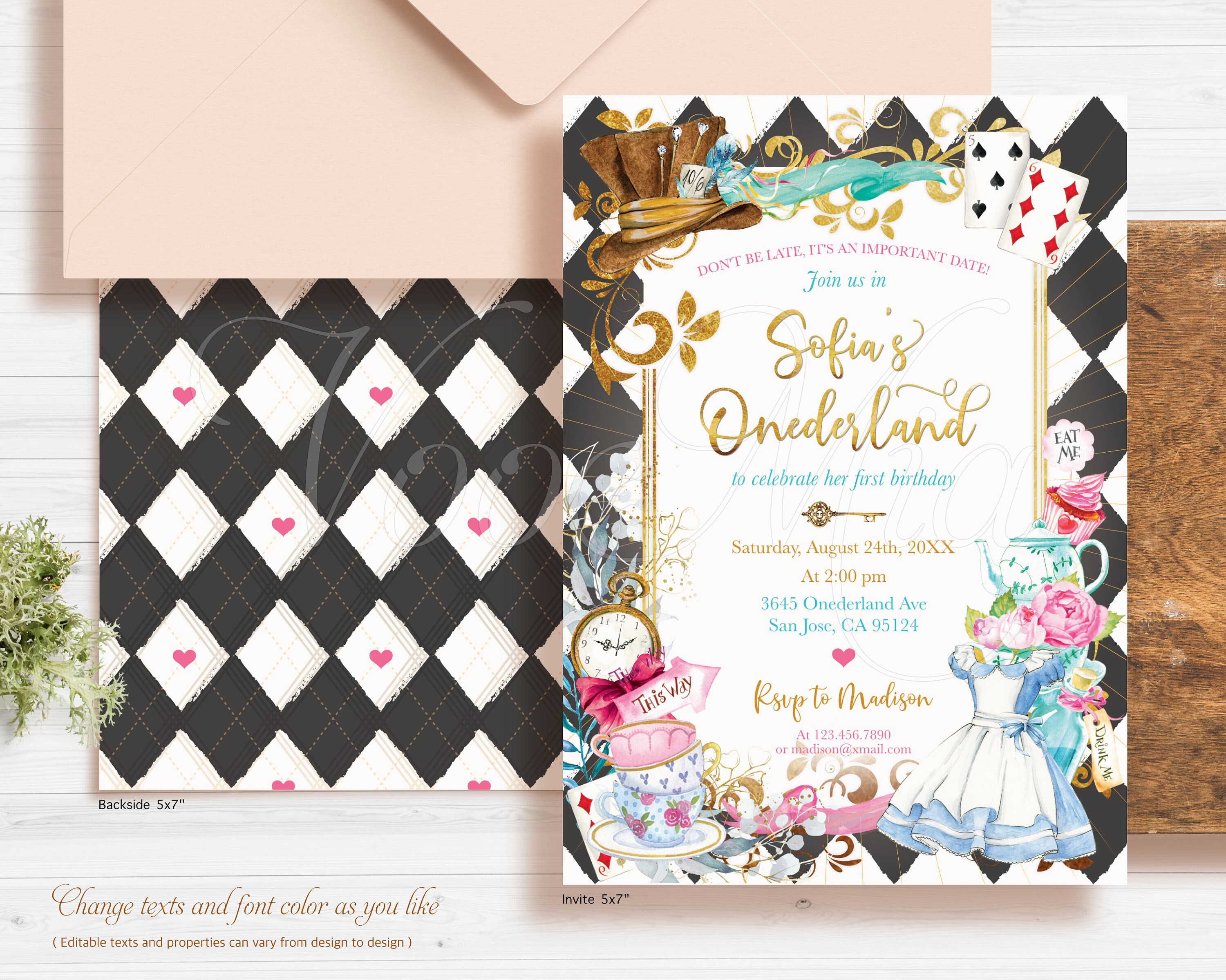 Alice in Wonderland Birthday Invitation Template, Onederland Editable ...