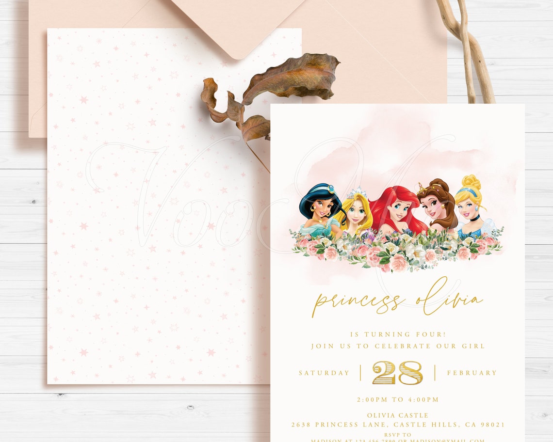 Princess Birthday Invitation Princesses Editable Gold Pink Party Invite ...