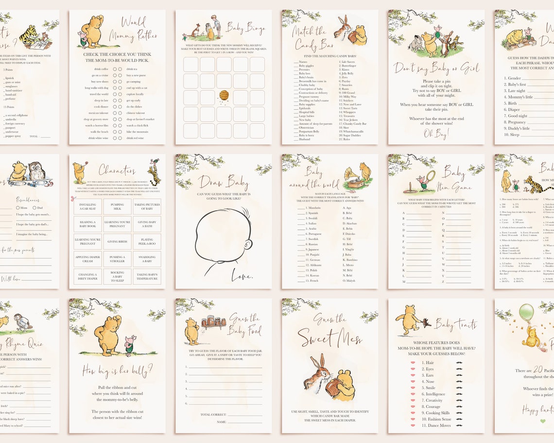 Classic Winnie the Pooh Baby Shower Games Editable Printable Game Cards ...