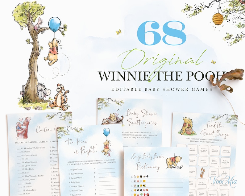 Winnie the Pooh Baby Shower Games, Editable Printable Game Cards, Blue ...