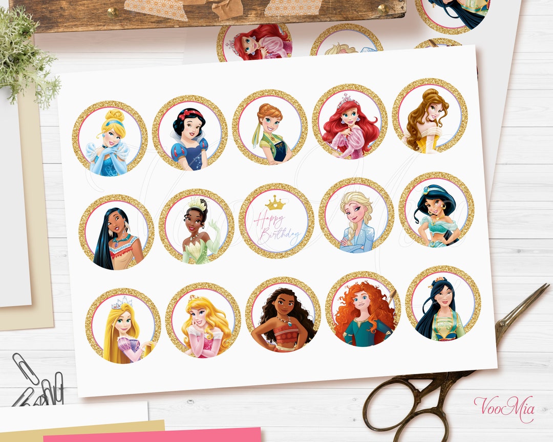 15 Princess Cupcake Toppers, Editable Princesses Circle Tag Sticker ...