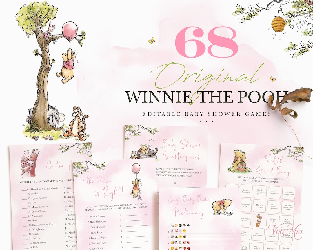 Winnie the Pooh Baby Shower Games, Editable Printable Game Cards, Pink ...