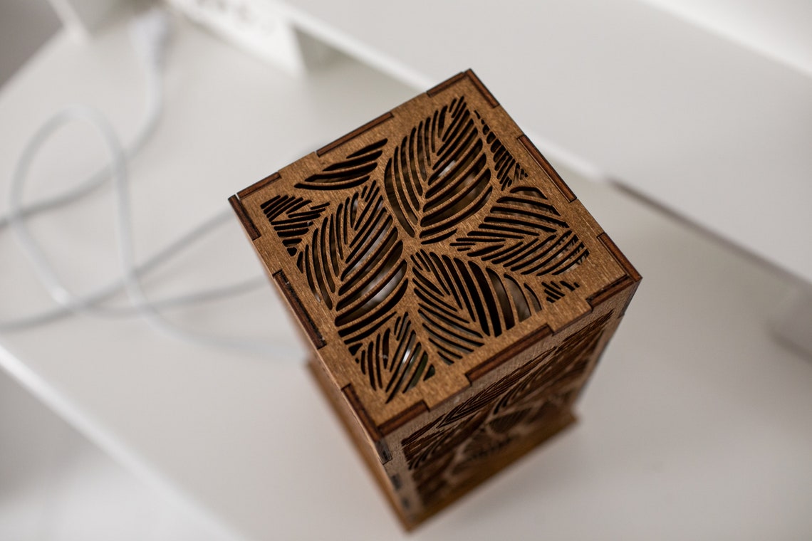The Leaf Decorated Wooden Table Lamp Light Box Laser Cut | Etsy