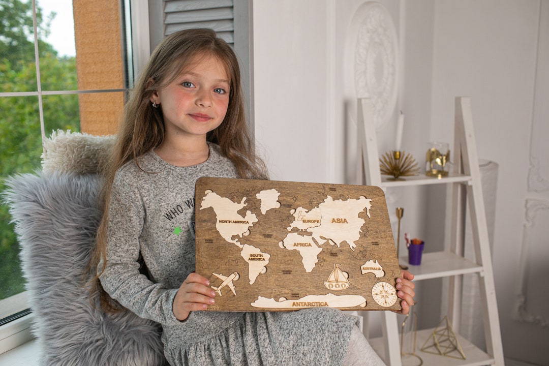 Wooden World Map Puzzle for Children With Personalization, Cozy Natural ...