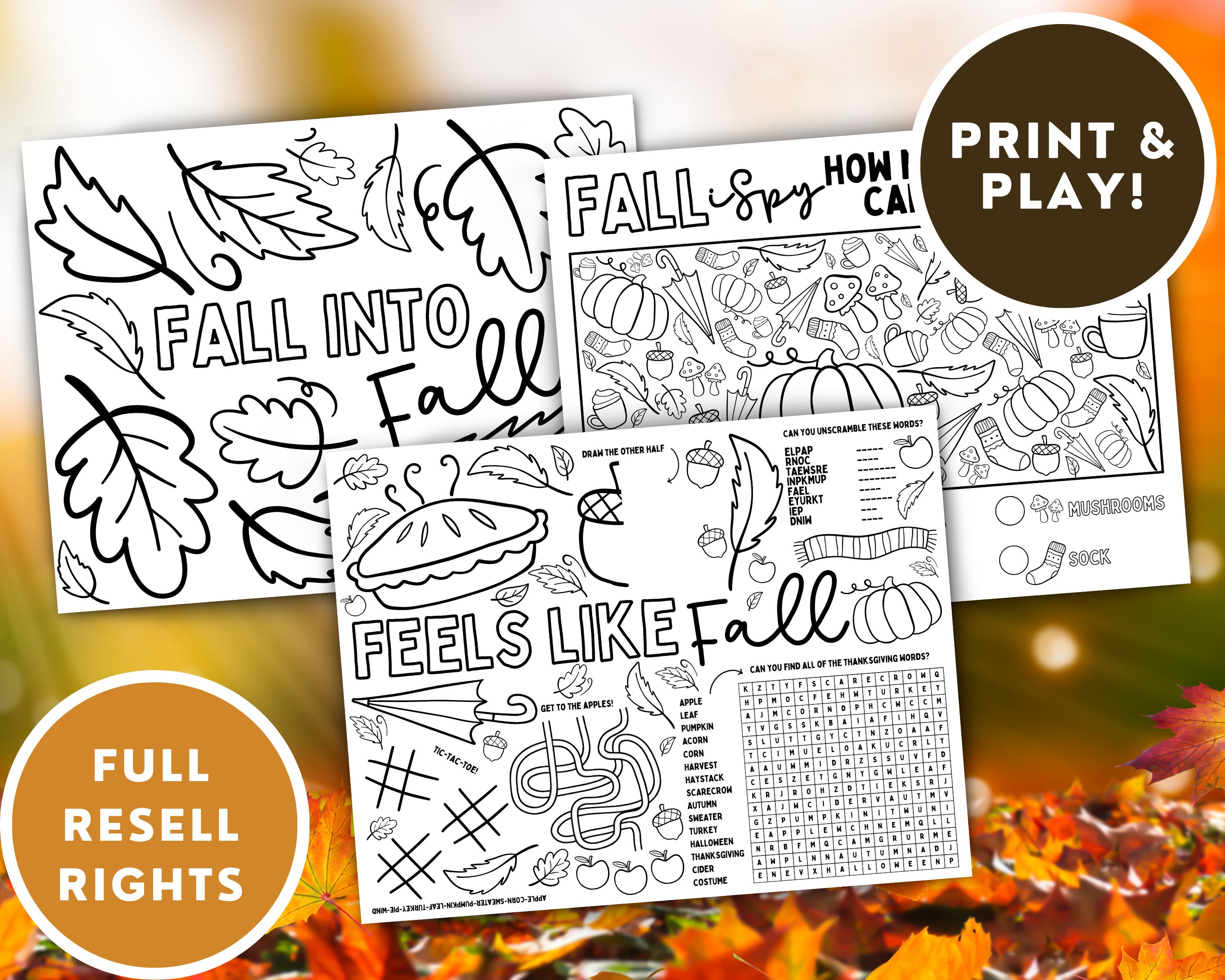 Editable PLR Printable Fall Kids Activities | Kids Coloring Placemat ...