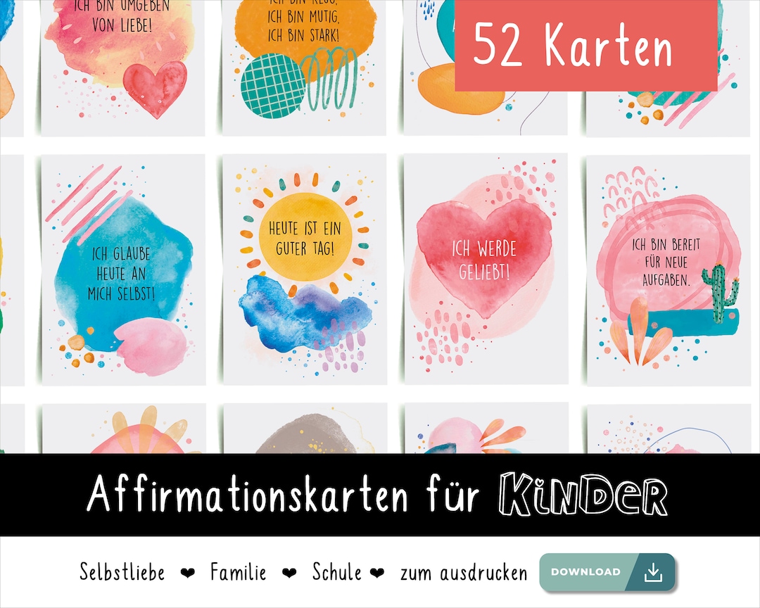 Affirmationskarten PDF für Kinder zum selbst ausdrucken Selbstbewusstsein stärken DIN A6 - Etsy.de