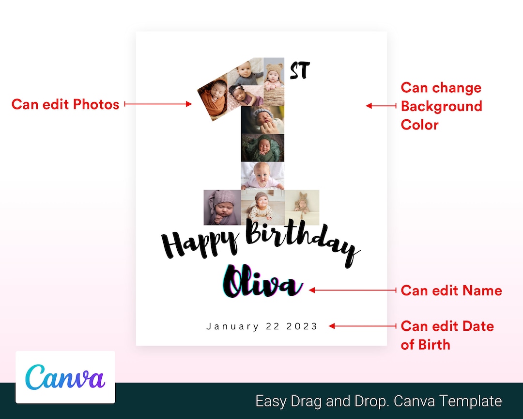 1st Birthday Canva,printable First Birthday Template Full Editable ...