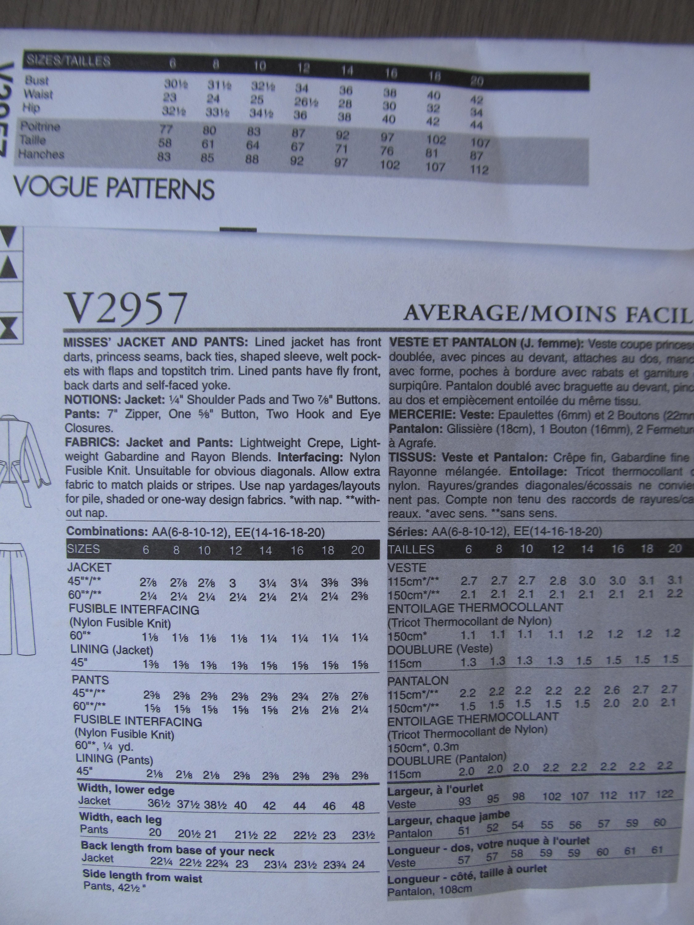 Vogue Anne Klein Jacket & Pants Pattern - Etsy