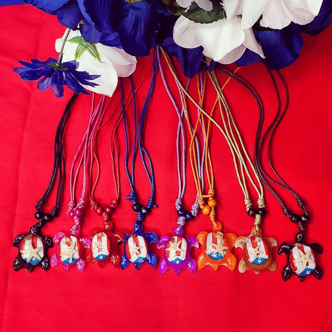 Turtle Necklace, Puerto Rico Flag With Starfish and Crab Design. - Etsy