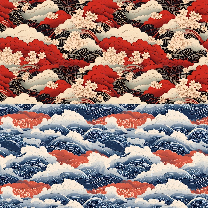 Japanese Waves Pattern Digital Wallpaper - 18"x12" at 300dpi (5400 X ...