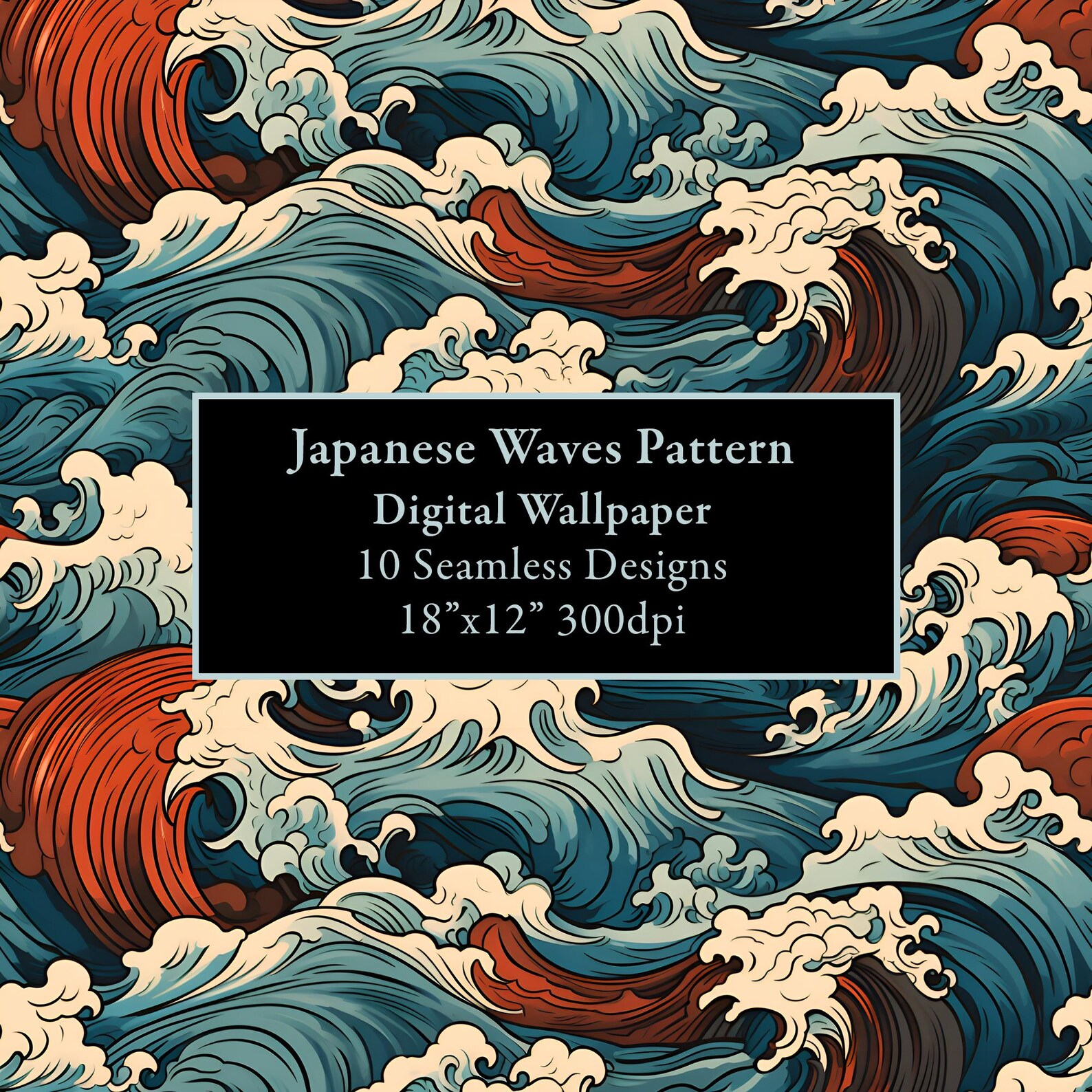 Japanese Waves Pattern Digital Wallpaper - 18"x12" at 300dpi (5400 X ...