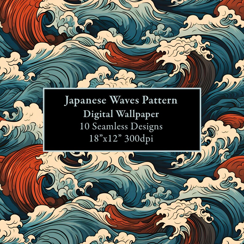 Japanese Waves Pattern Digital Wallpaper - 18"x12" at 300dpi (5400 X ...