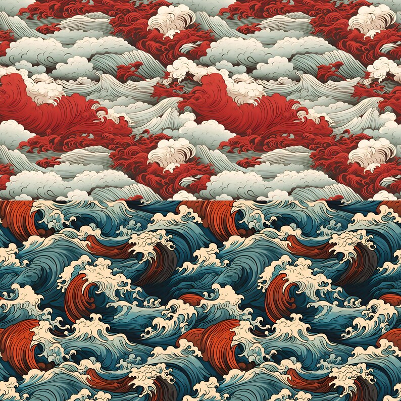Japanese Waves Pattern Digital Wallpaper - 18"x12" at 300dpi (5400 X ...