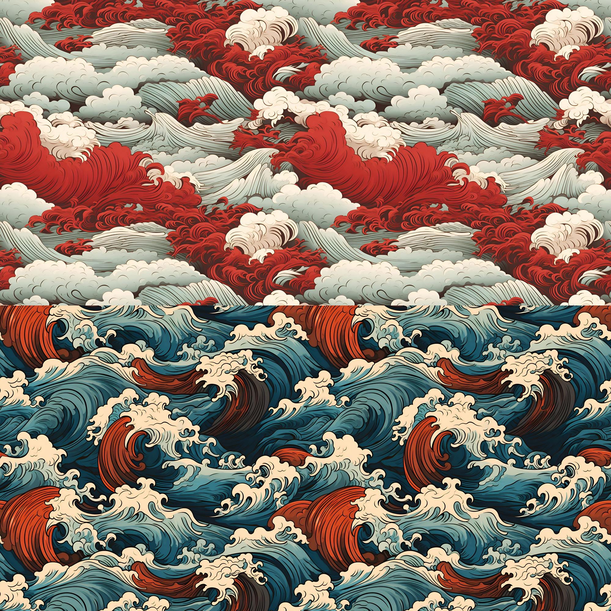 Japanese Waves Pattern Digital Wallpaper - 18"x12" at 300dpi (5400 X ...