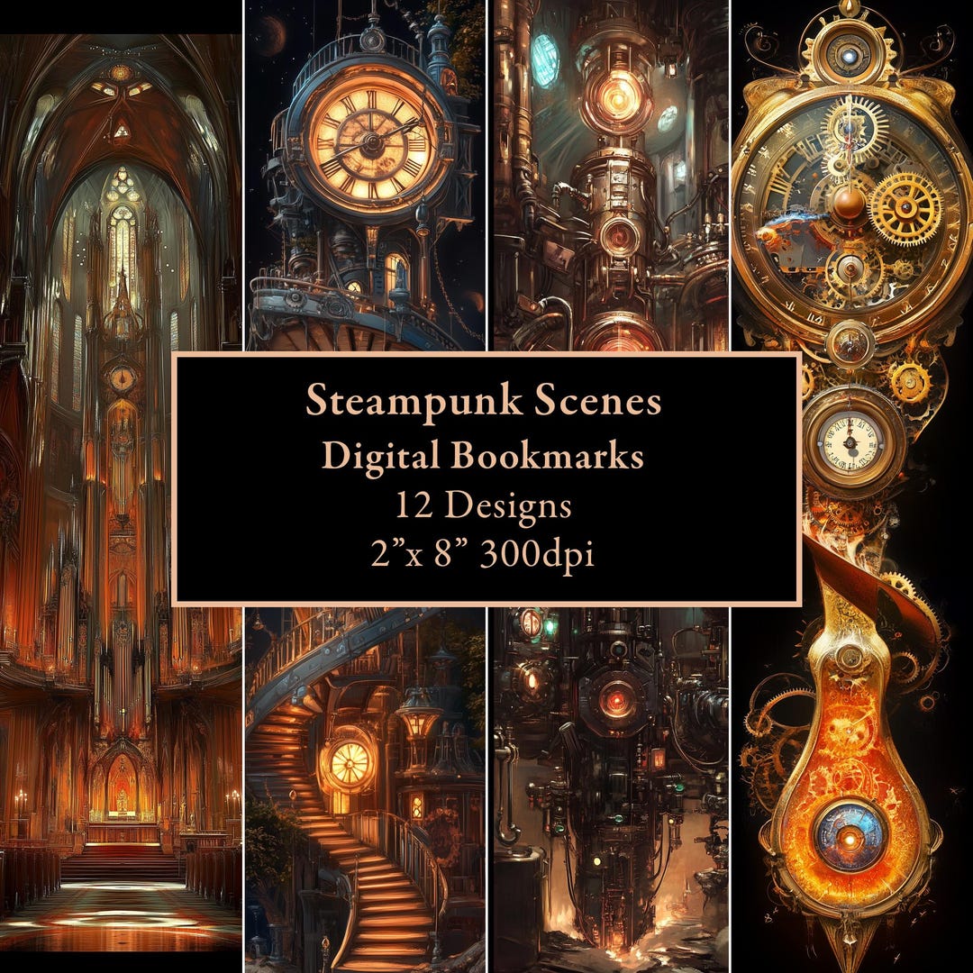 Steampunk Scenes Digital Bookmarks - 2"x 8" at 300dpi (600 X 2400px ...