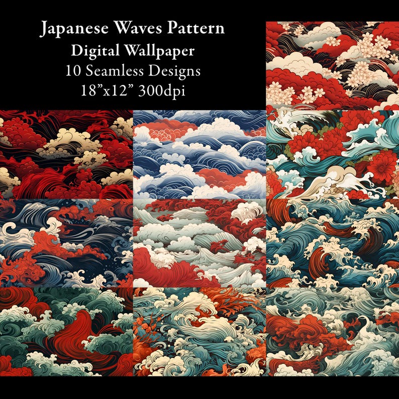 Japanese Waves Pattern Digital Wallpaper - 18"x12" at 300dpi (5400 X ...