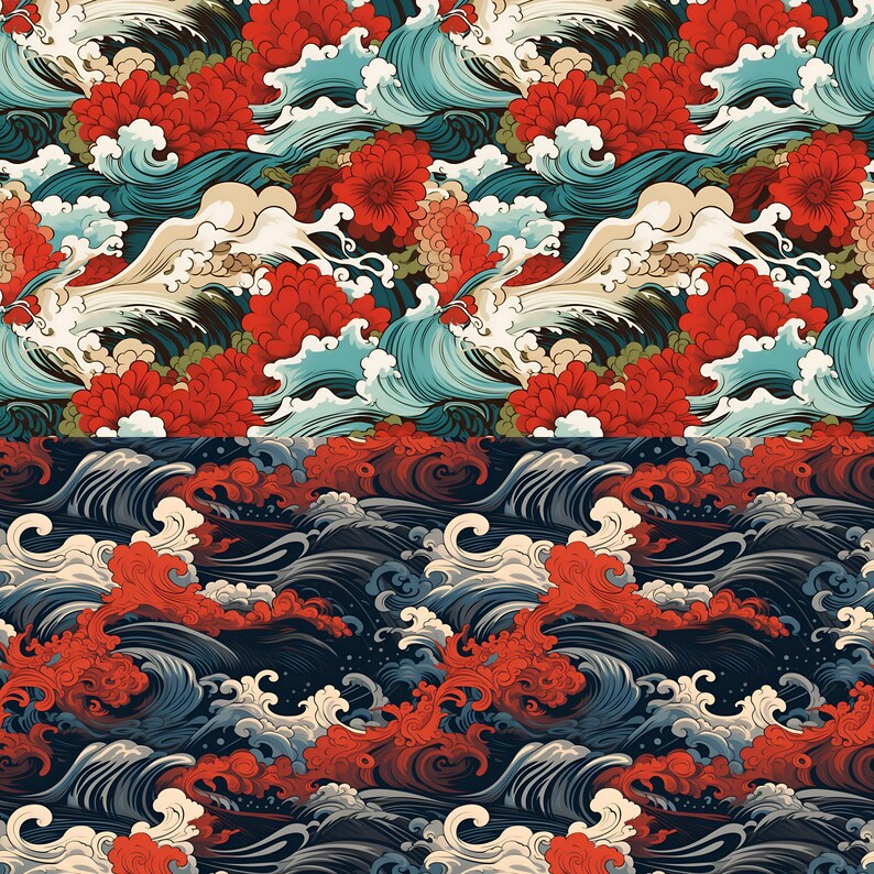 Japanese Waves Pattern Digital Wallpaper - 18"x12" at 300dpi (5400 X ...