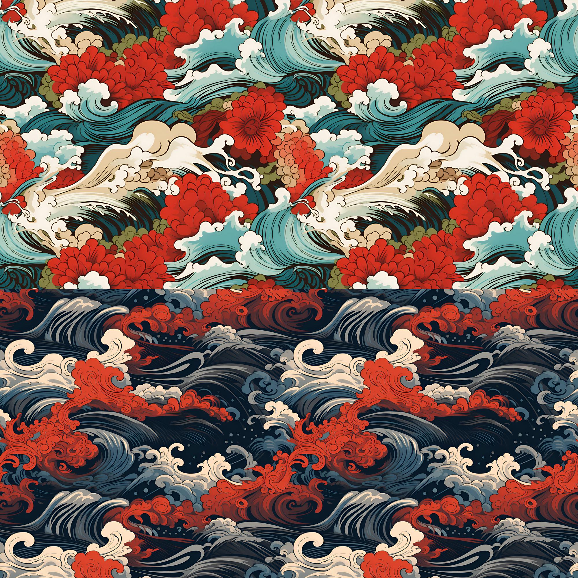 Japanese Waves Pattern Digital Wallpaper - 18"x12" at 300dpi (5400 X ...