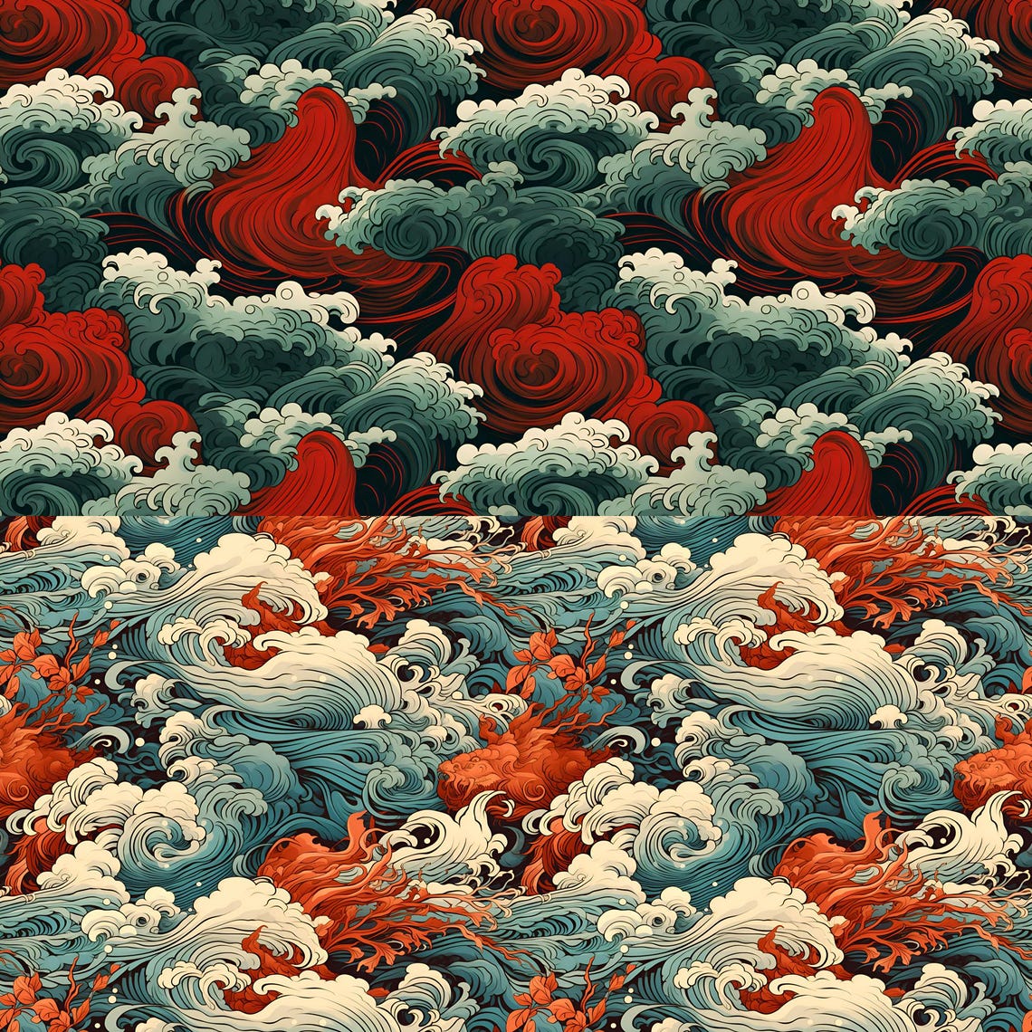 Japanese Waves Pattern Digital Wallpaper - 18"x12" at 300dpi (5400 X ...