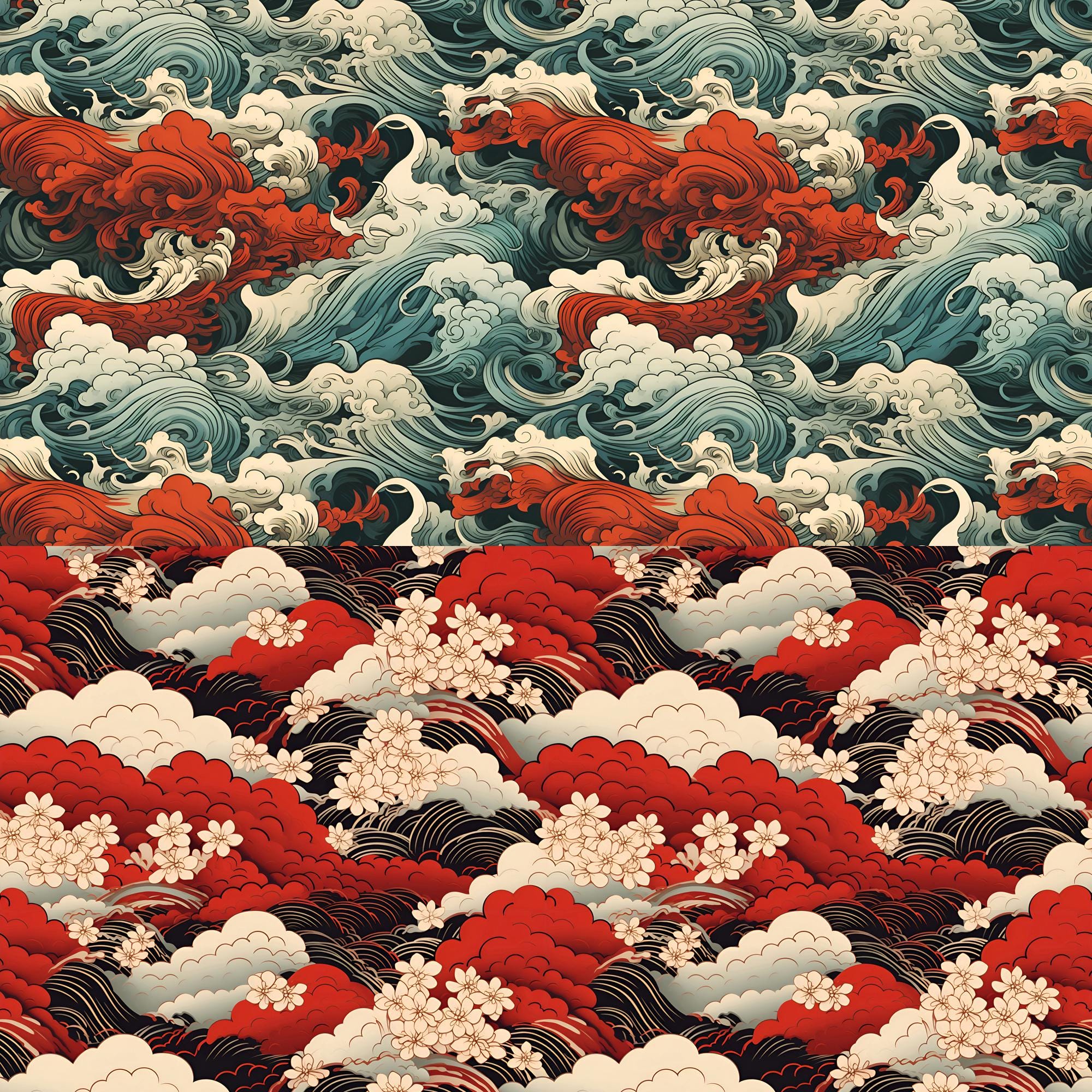 Japanese Waves Pattern Digital Wallpaper - 18"x12" at 300dpi (5400 X ...