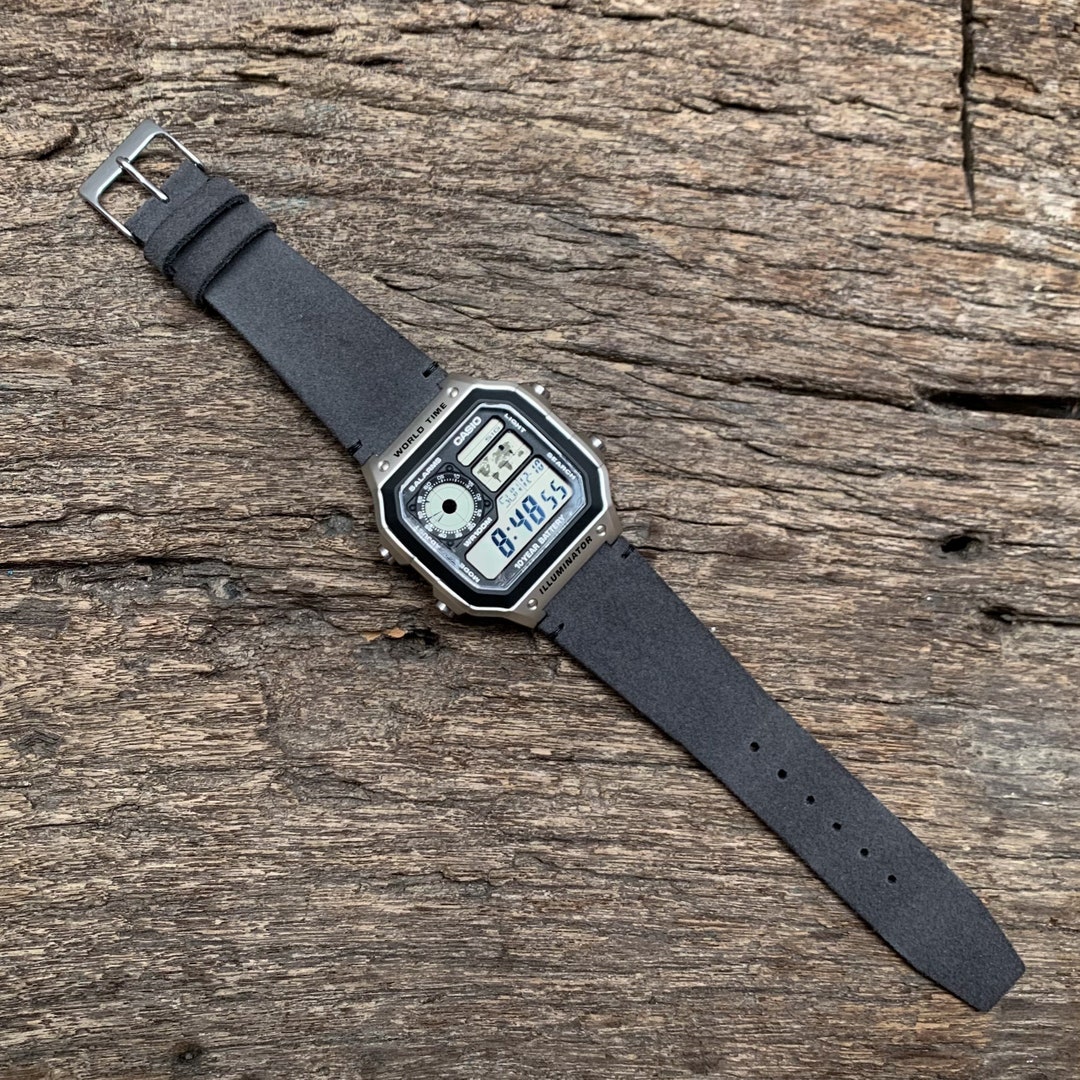 Grey Suede for Casio Ae-1200 Slim Style Vegtan Leather Handmade Watch ...