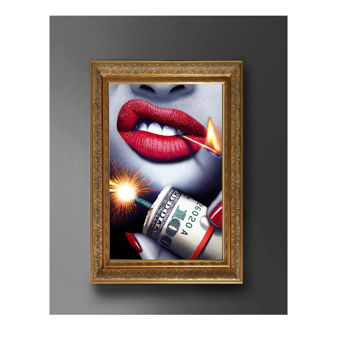Hyperrealistic Oil Painting: Lips, Money, and Match - Framed Canvas Art ...
