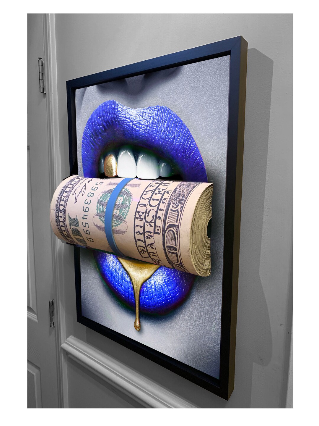 Money Mouth 3D Sculptur- Blue & Gold Drip Art - Etsy