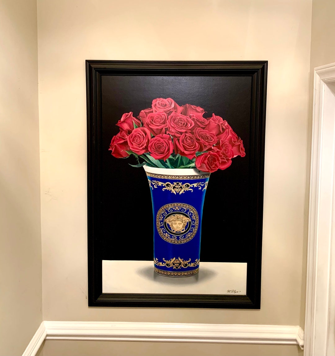 Original Red Roses in Medusa Greek Luxury Vase Still Life Original Oil ...