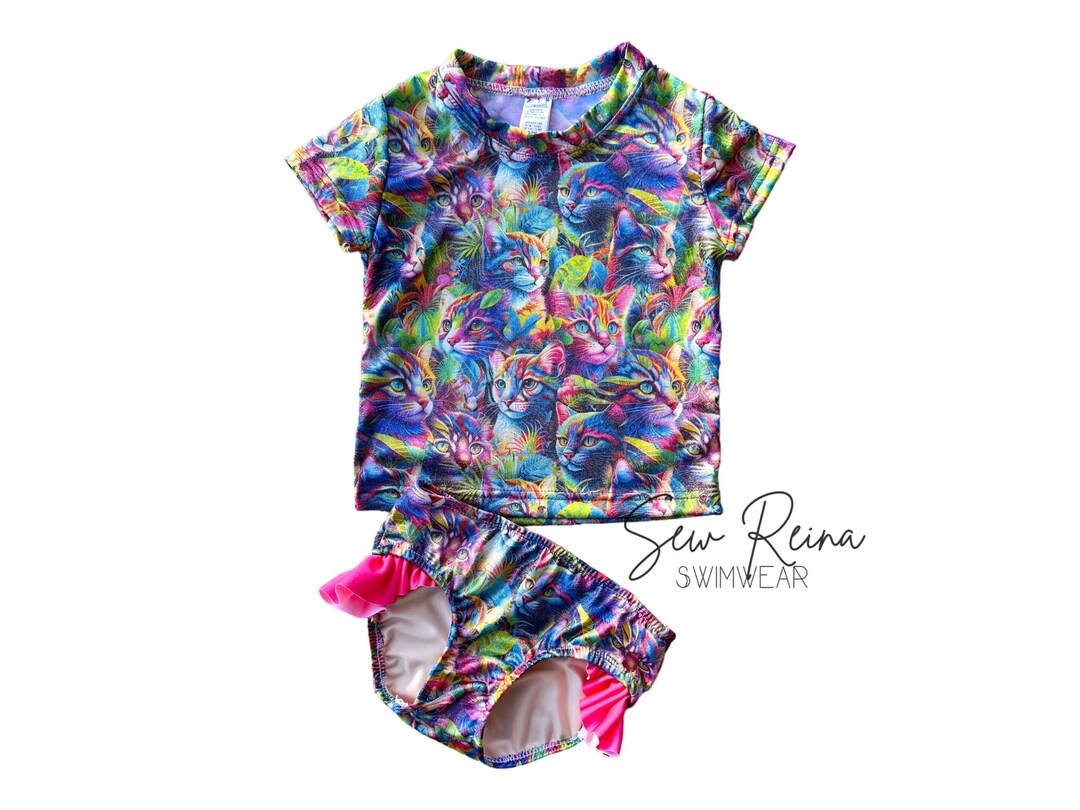 5T Neon Cats Rashguard & Classic Bikini Bottoms, Glitter Holographic ...